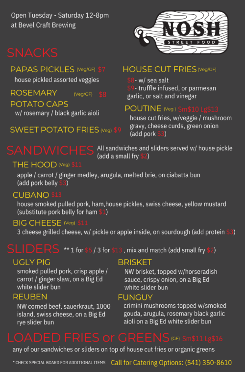 Nosh Street Food Menu - Bevel Craft Brewing